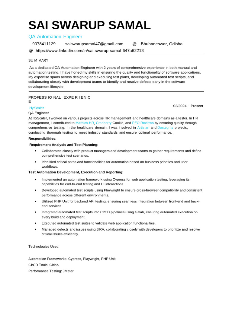 Sai Swarup Samal CV (Sam CV) | PDF