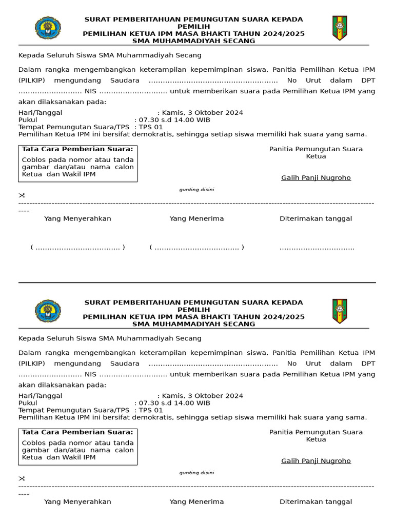 Surat Pemberitahuan Pemungutan Suara Kepada Pemilih | PDF Surat Pemberitahuan Pemungutan Suara Kepada Pemilih | PDF