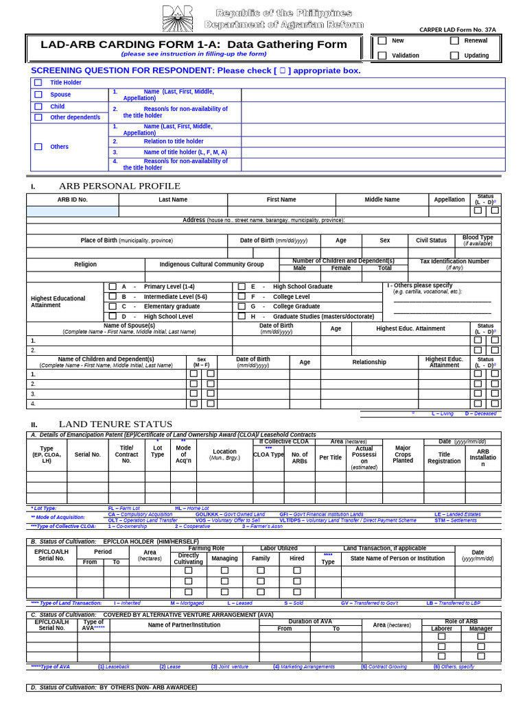CARPER LAD Form No. 37A ARB Carding and ID System (Form I-A - Data Gathering) | PDF