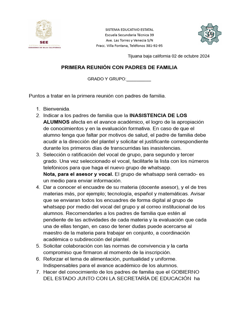 Primera Reunion Con Padres de Familia | PDF