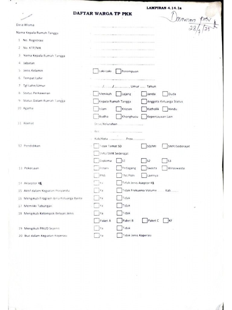 Petunjuk Pengisian Blanko Dasawisma | PDF