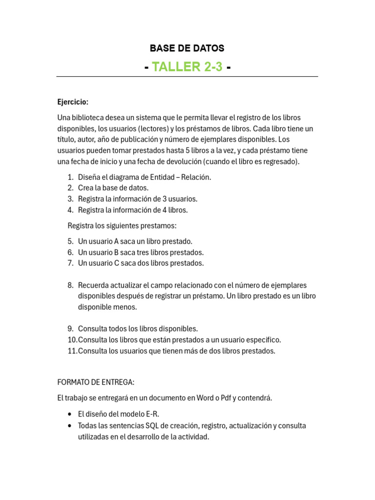 Base de Datos - Taller 2-3 | PDF