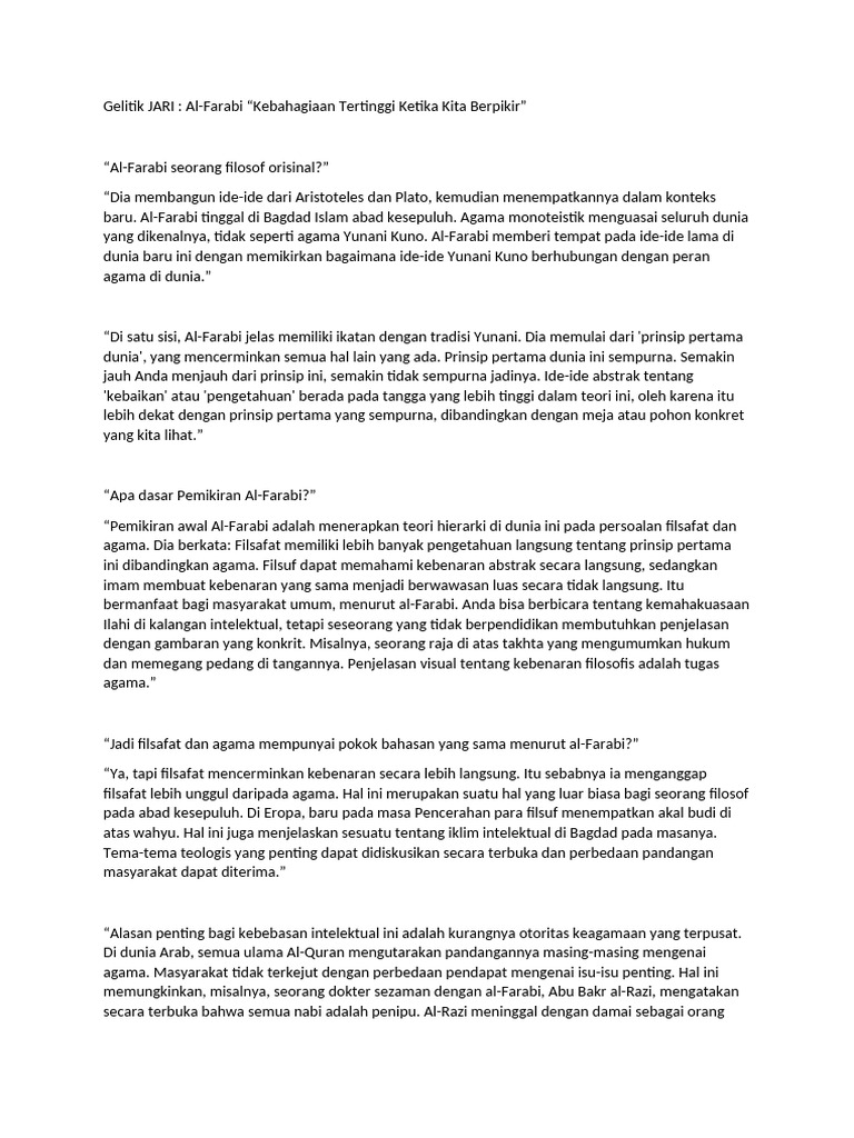 Gelitik JARI Al-Farabi "Kebahagiaan Tertinggi Ketika Kita Berpikir" | PDF