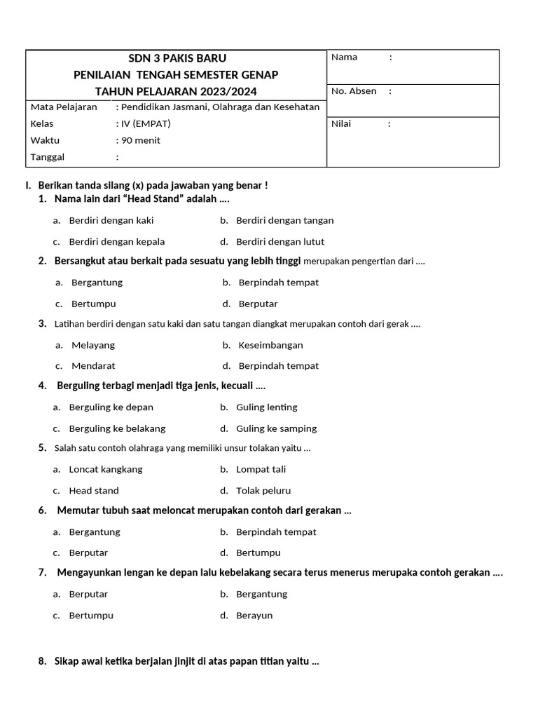 Soal PTS 2 PJOK Kelas 4 K13 | PDF