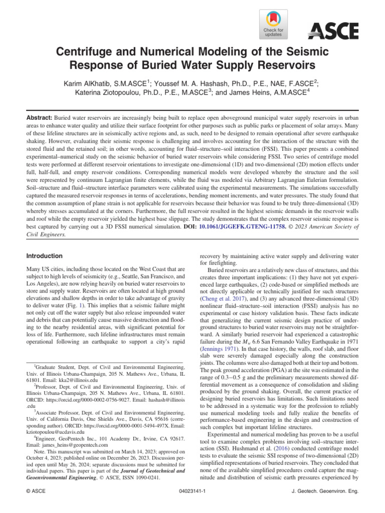 Alkhatib Et Al 2023 Centrifuge and Numerical Modeling of The Seismic Response of Buried Water ...