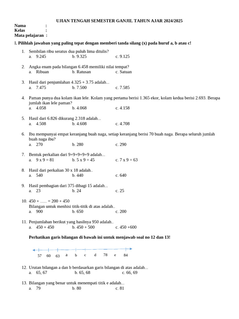 soal uts kelas 3 mtk semester 1 | PDF