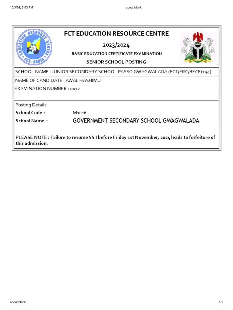 FCT Education Resource Centre 2023/2024: Government Secondary School ...