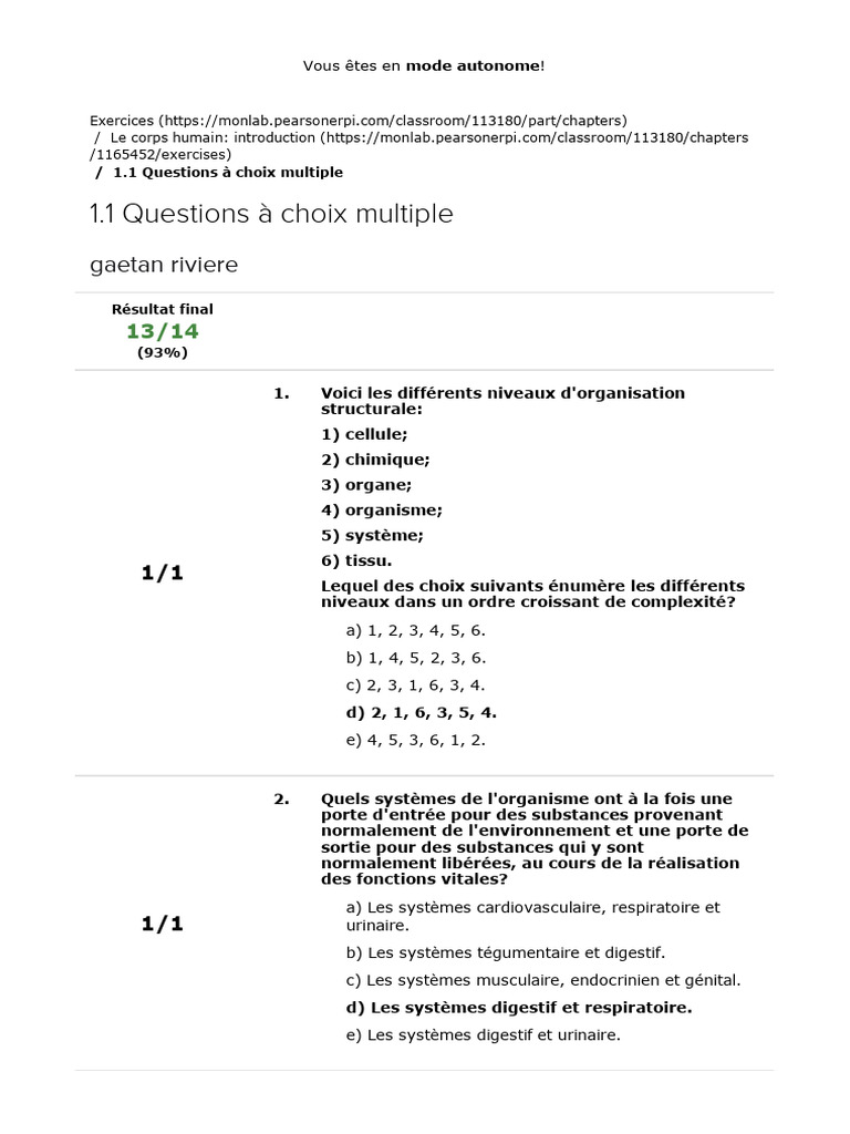 1.1 Questions à choix multiple - Biologie humaine, 8e _(Pearson France ...