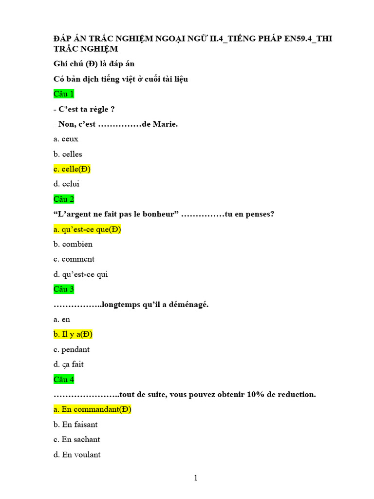 (123doc) - Dap-An-Trac-Nghiem-Ngoai-Ngu-Ii-4-Tieng-Phap-En59-4-Thi-Trac-Nghiem | PDF