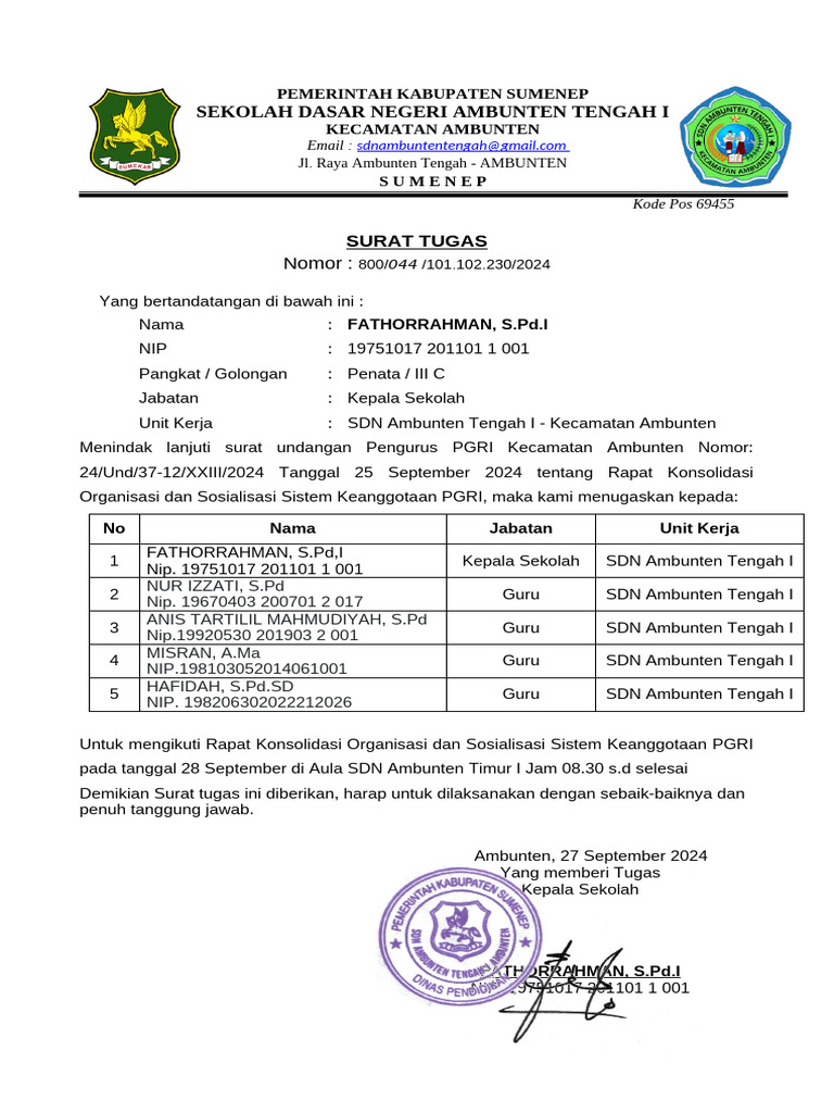Surat Tugas Rapat Pgri | PDF