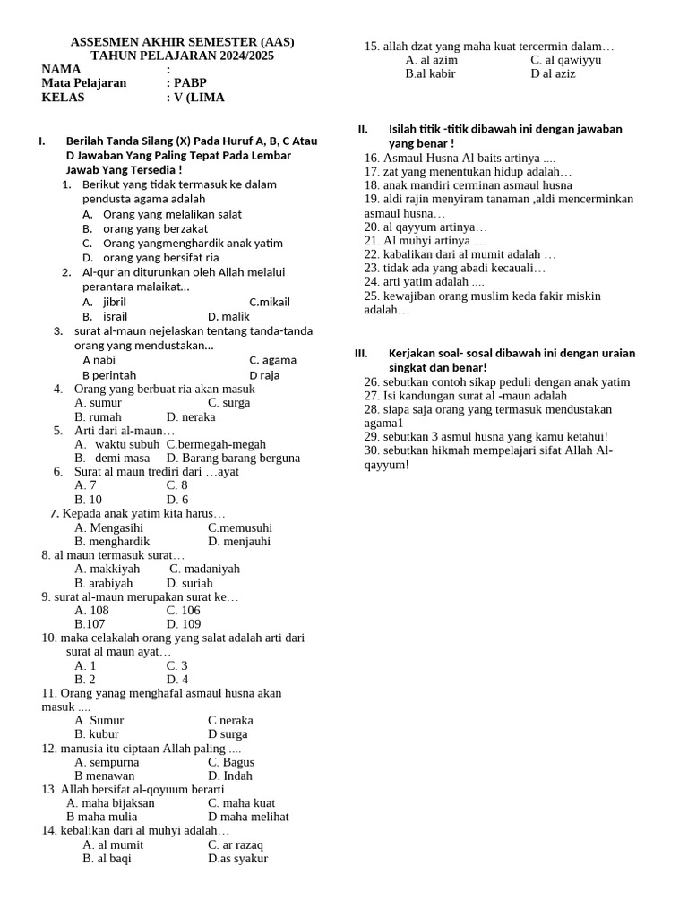 Soal PTS Pai Kelas 5 | PDF