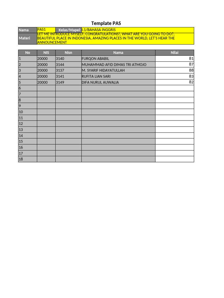 Template Nilai PAS | PDF