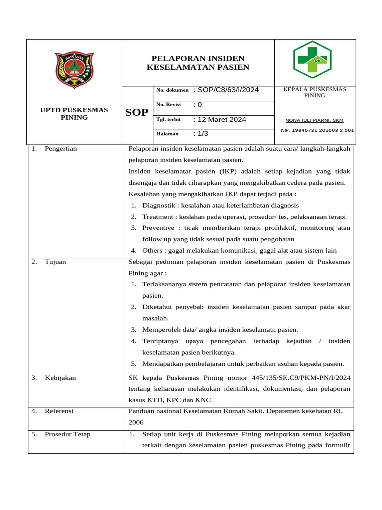 Sop Pelaporan Insiden Keselamatan Pasien | PDF