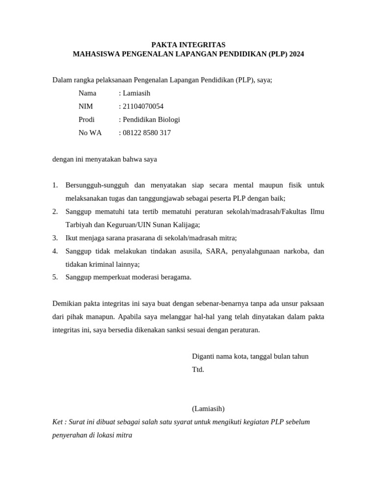Pakta Integritas Mahasiswa PLP 2023 | PDF