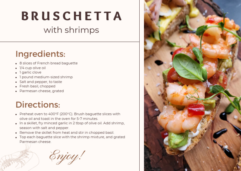 Beige Brown Modern Bruschetta With Shrimps Recipe Card | PDF