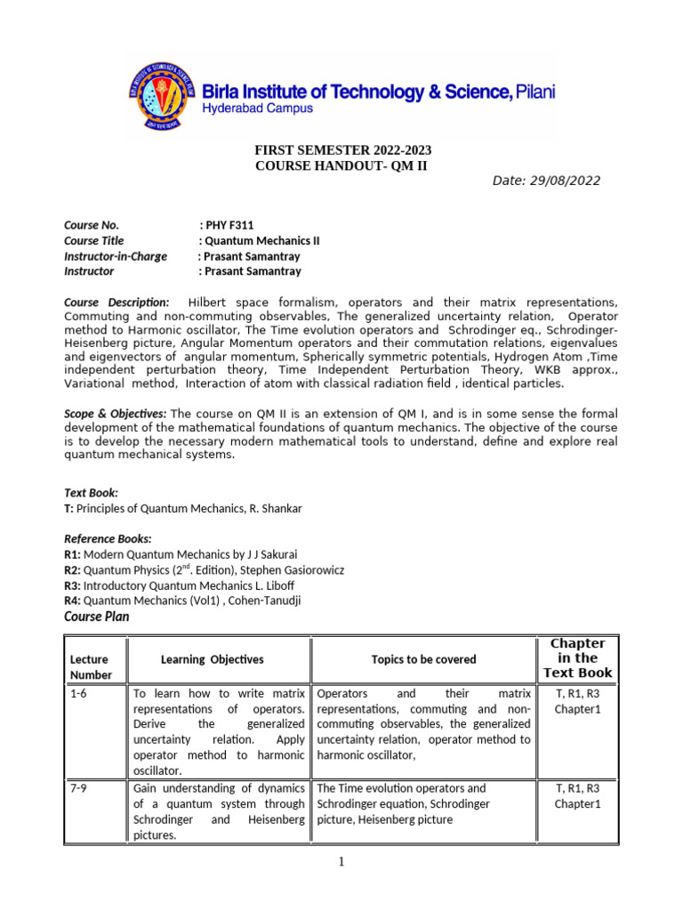 Phy f311 Quantum Mechanics Ii - Handout | PDF | Quantum Mechanics | Schrödinger Equation