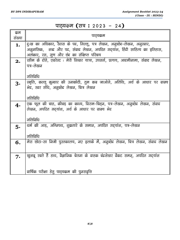 Hindi Ix Booklet 202324 | PDF