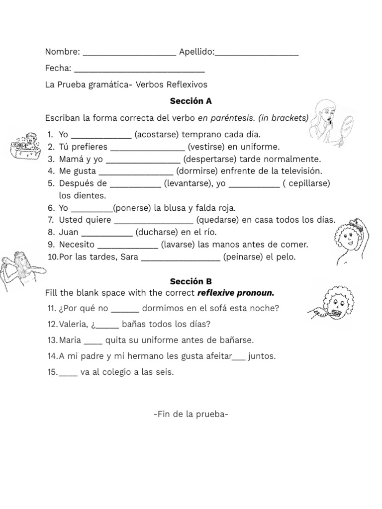 Reflexive Verb Grammar Test - 2024 | PDF