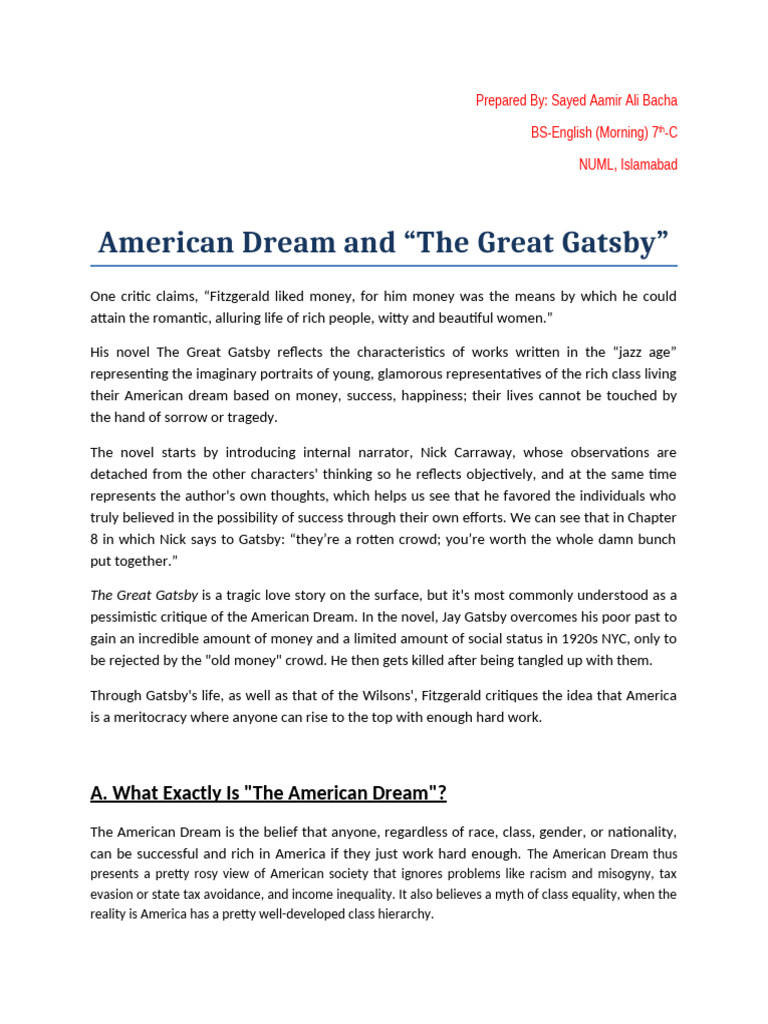 American Dream and The Great Gatsby | PDF