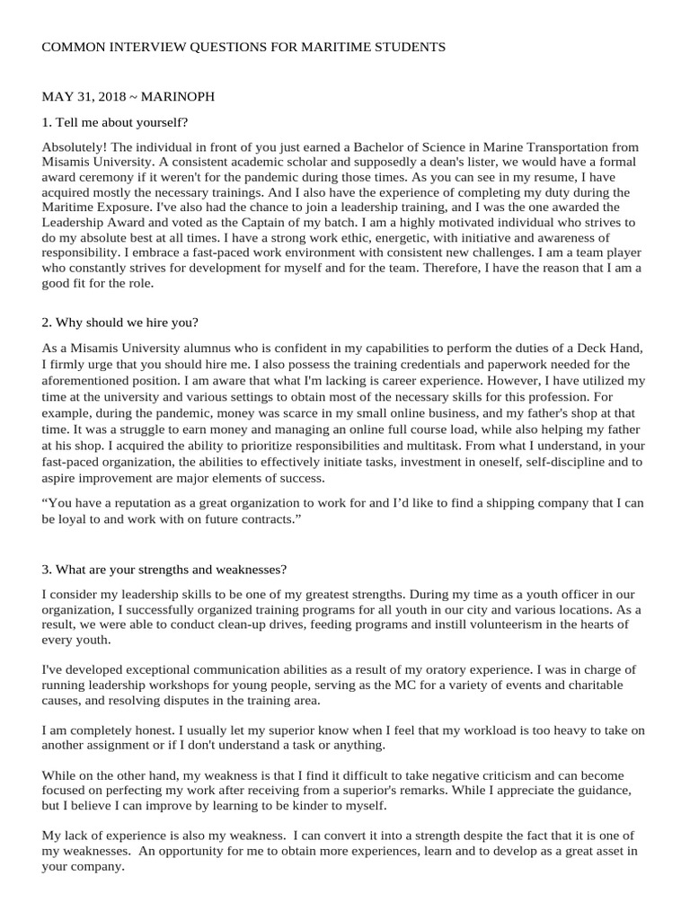 Common Interview Questions For Maritime Students | PDF