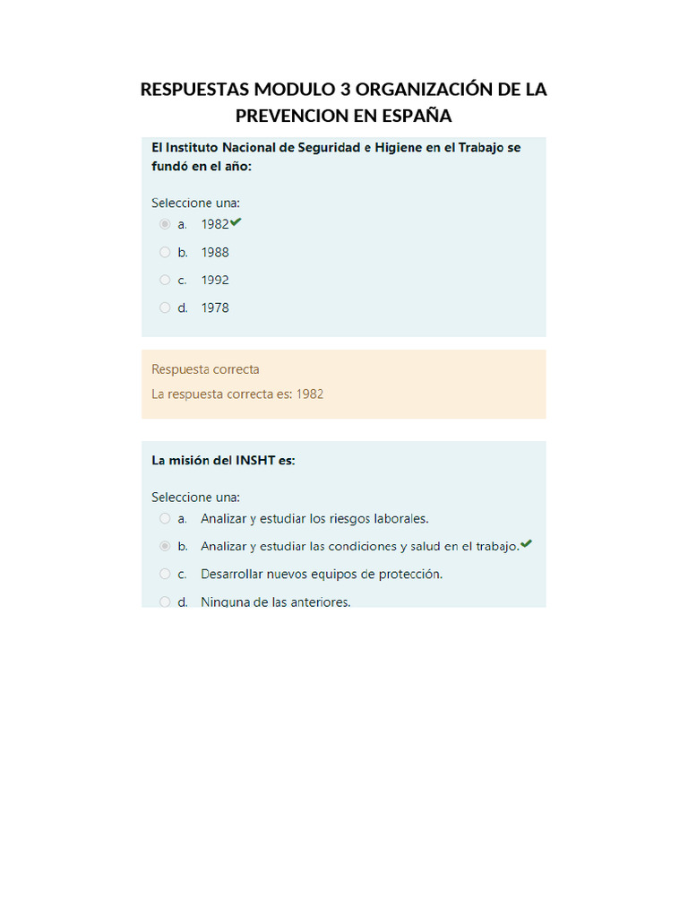 Respuestas Modulo 3 Organización de La Prevencion en España | PDF