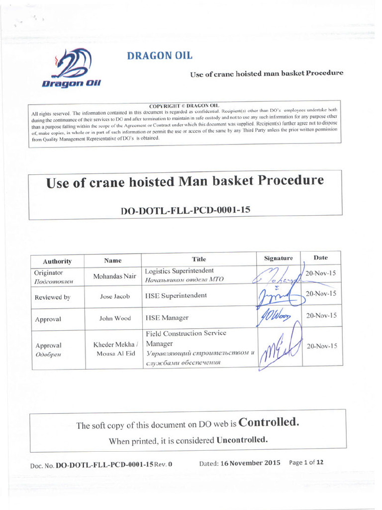 DO DOTL FLL PCD 0001 15 Use of Crane Hoisted Man Basket Procedure | PDF