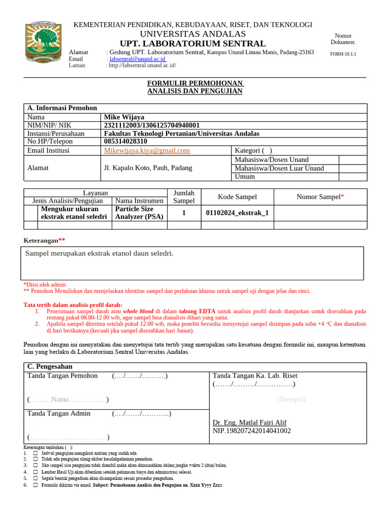 Surat Permohonan Pengujian PSA Lab Sentral | PDF
