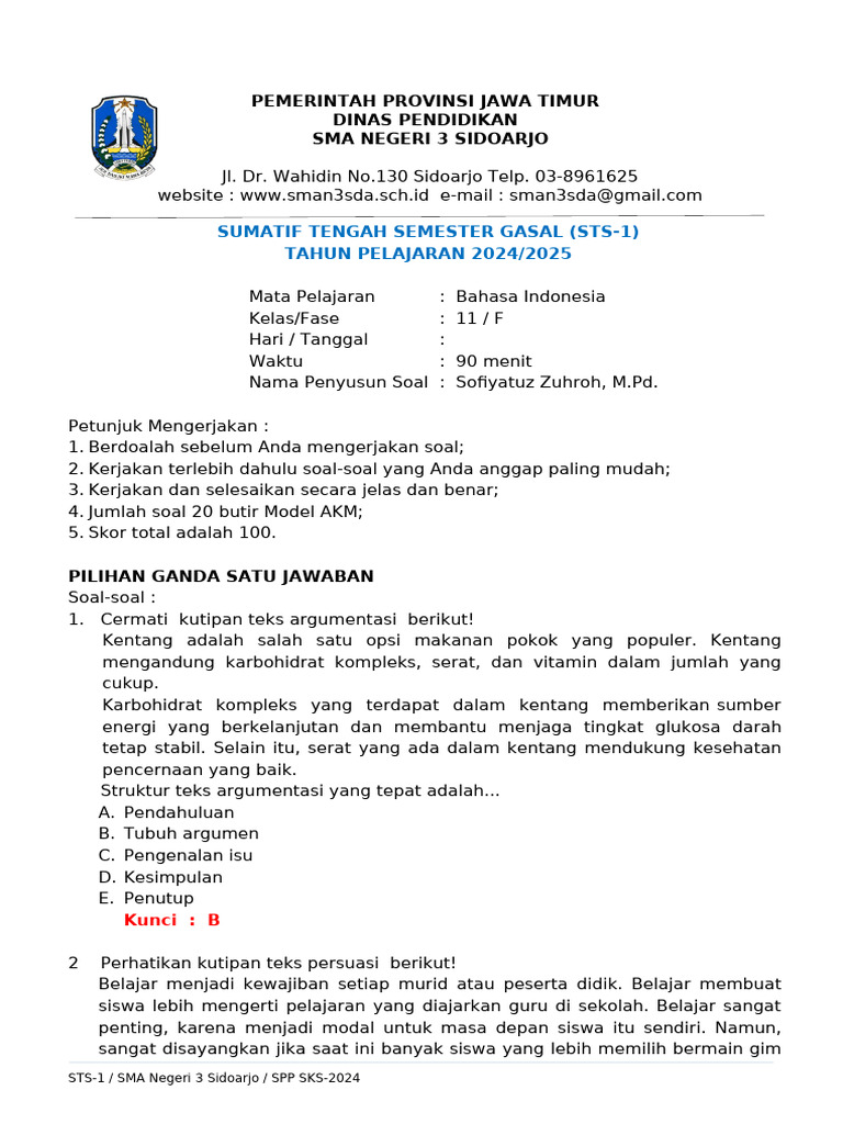 Soal Sts 1 .Bin - Sofi.kls 11 2024 - 2025 | PDF