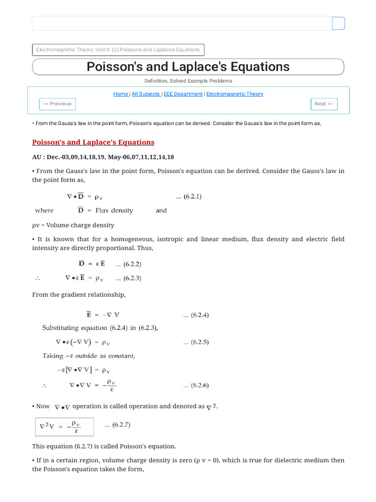 Poisson's and Laplace's Equations - Definition, Solved Example P | PDF