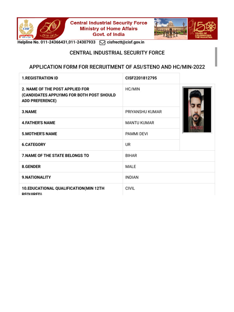 CISF ASI/Steno & HC/Min Application Form | PDF