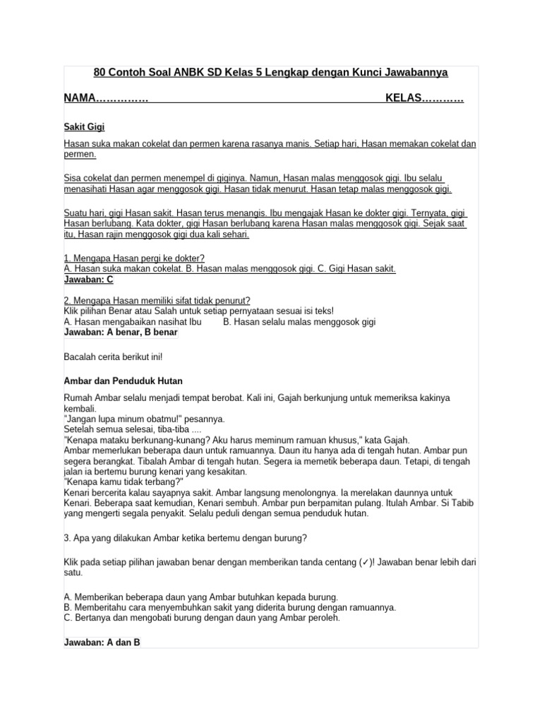 80 Contoh Soal ANBK SD Kelas 5 | PDF