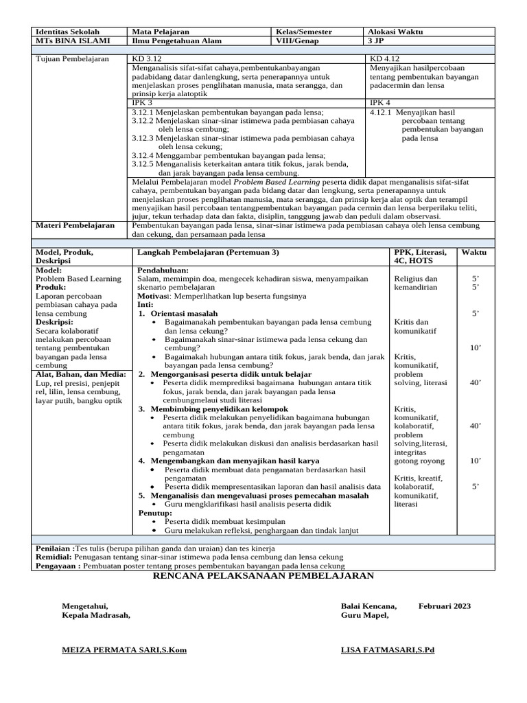 RPP Ipa Kelas 8 SM 2 Optik | PDF