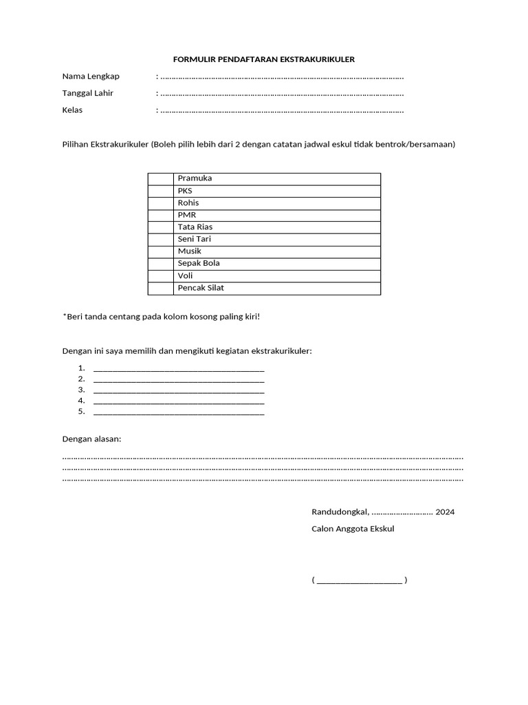 Contoh Formulir Pendaftaran Ekskul | PDF