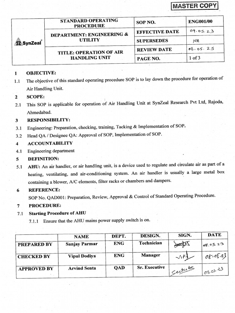ENG001-Operation of Air Handling Unit | PDF