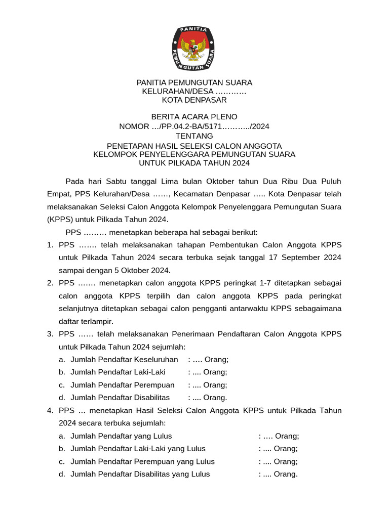 0 Berita Acara PPS Penetapan Hasil Seleksi KPPS | PDF
