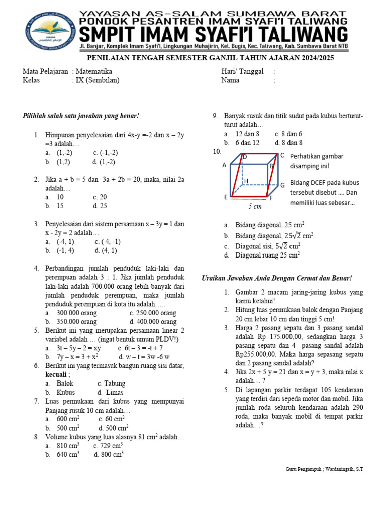 PTS Ganjil Matematika Kelas 9 2024-2025 | PDF