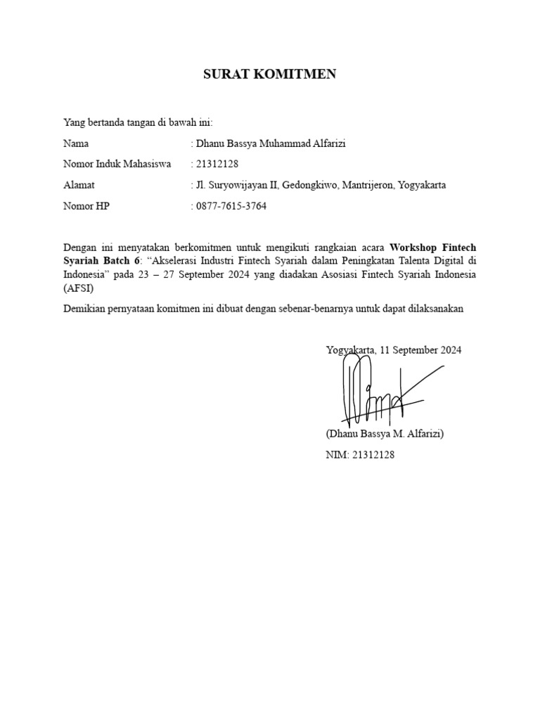 Surat Komitmen Dhanu | PDF