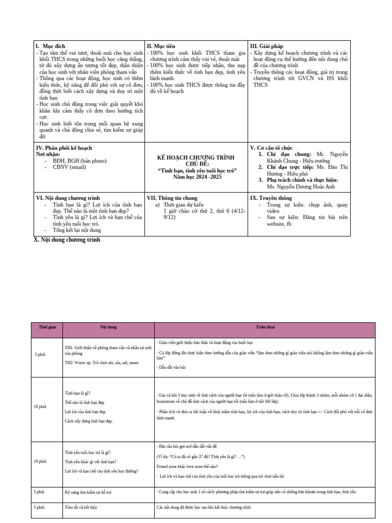 Kế hoạch chương trình chủ đề tình bạn, tình yêu tuổi học sinh THCS | PDF