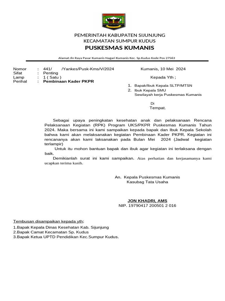 Contoh Undangan Ke Sekolah Pembinaan PKPR | PDF
