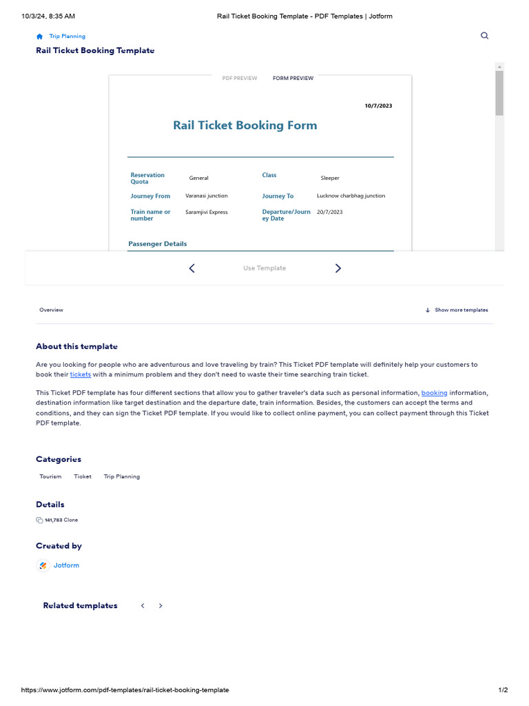 Rail Ticket Booking Template - PDF Templates - Jotform | PDF