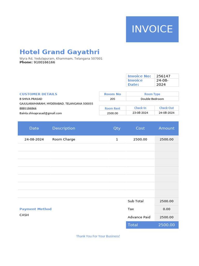 Hotel Stay Invoice Template | PDF