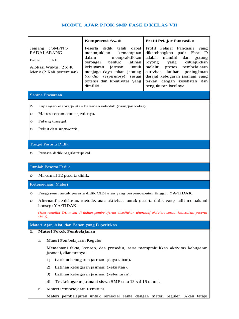 Modul Ajar Aktivitas Kebugaran Jasmani - SMP Vii - 30 - 11 - 2021 | PDF
