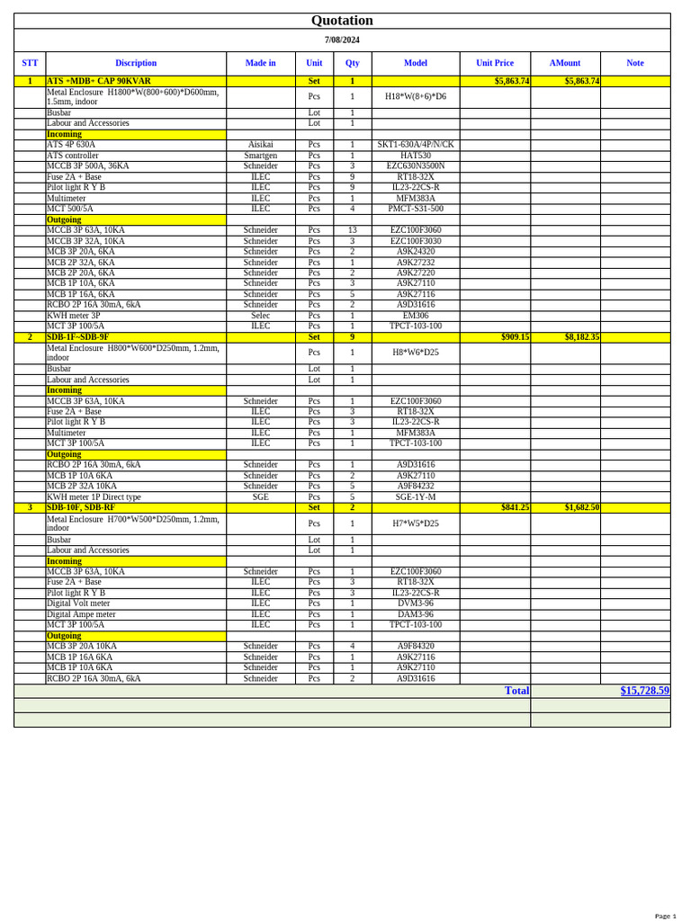 Quotation Bunthen Tho 20240807 PR 11floorats + MDB 500a Schneider | PDF