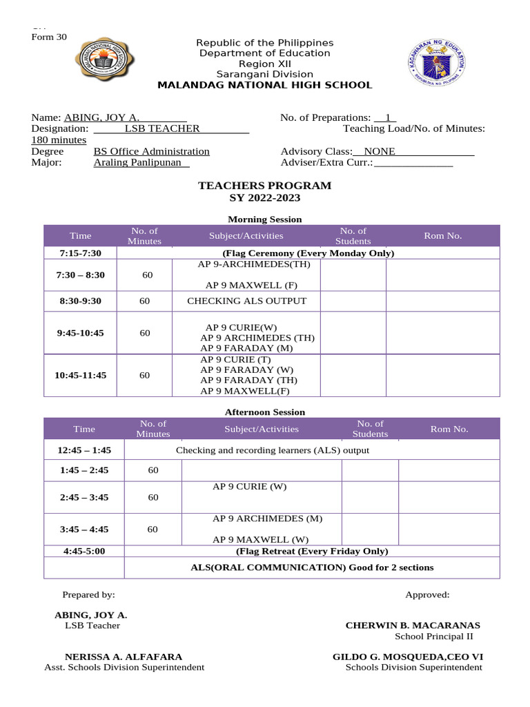 Form-30-Joy Schedule Program | PDF