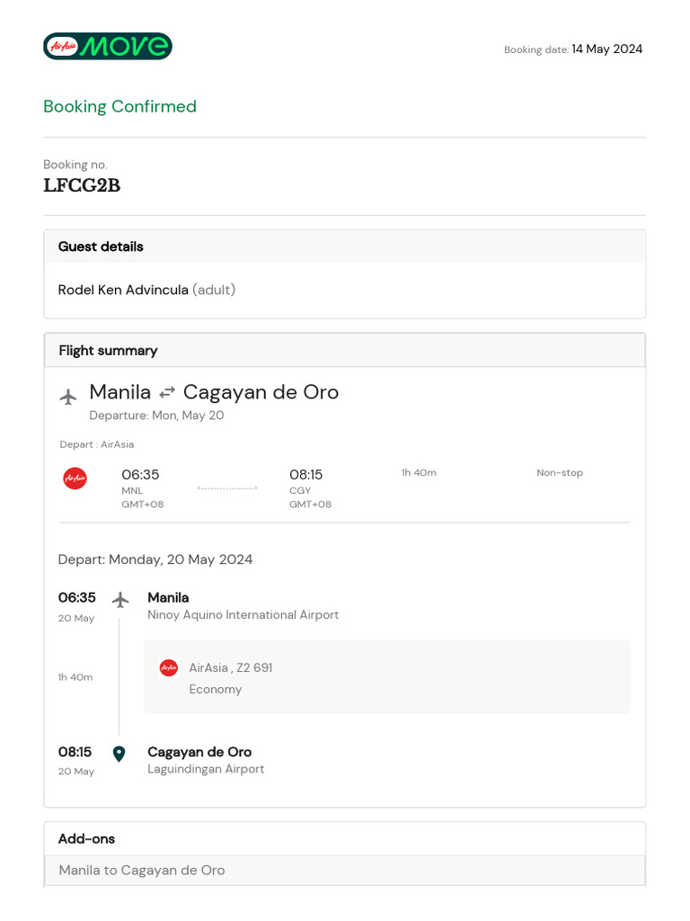 Itinerary MNL CGY 20-05-2024 231105132203 | PDF