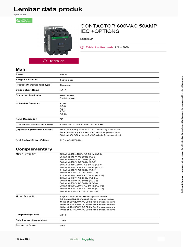 Schneider Electric - TeSys-Deca-contactors - LC1D50M7 | PDF