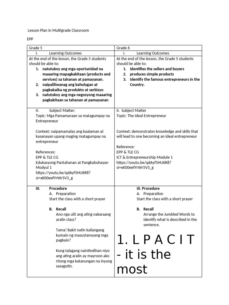 Lesson Plan in Multigrade Classroom - EPP G5 6 | PDF