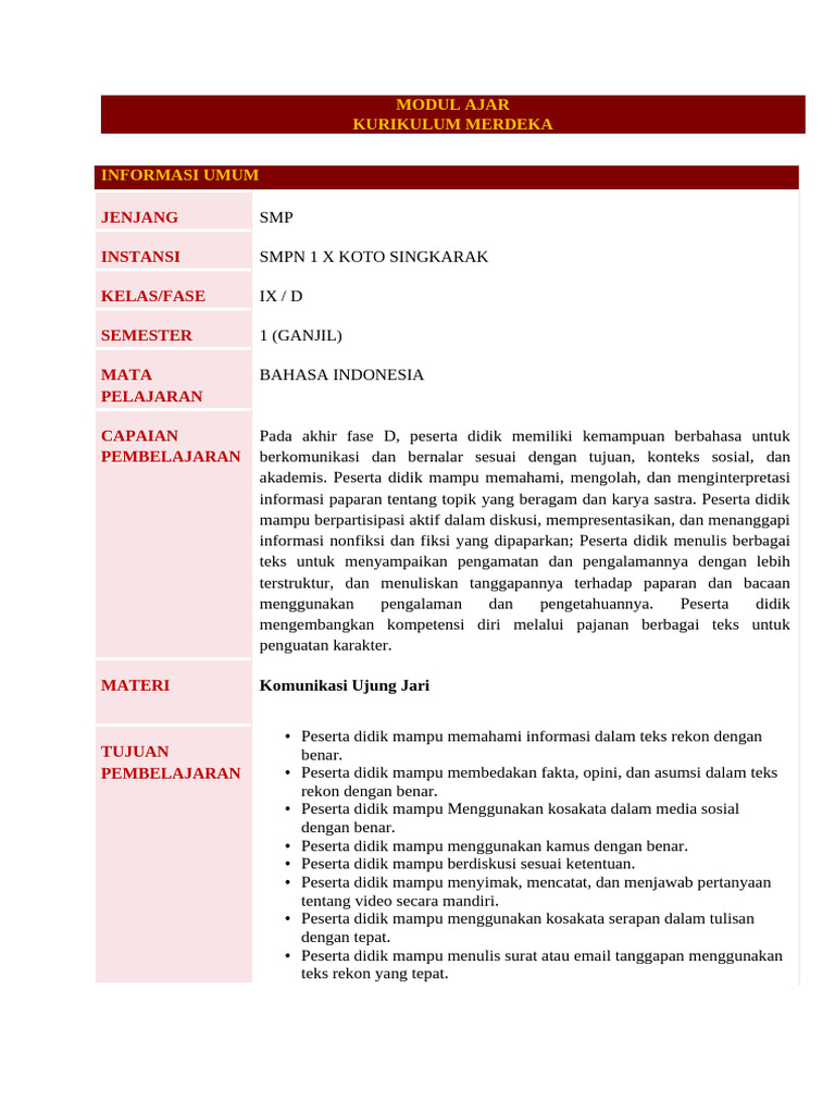 MODUL AJAR 3 BI KELAS 9 | PDF