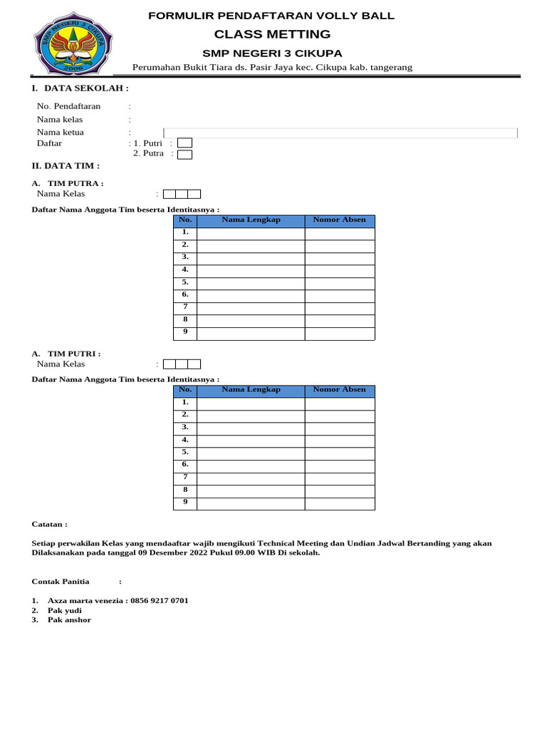 FORMULIR PENDAFTARAN VOLLY BALL | PDF