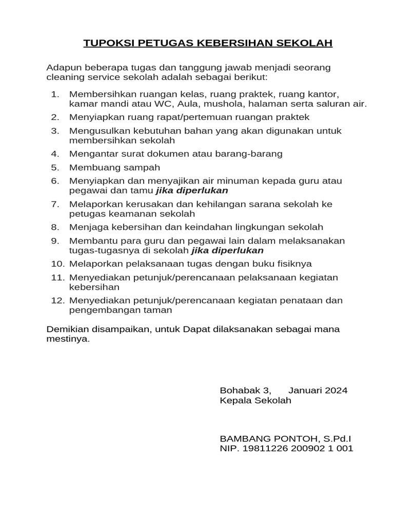 Tupoksi KEBERSIHAN SEKOLAH | PDF